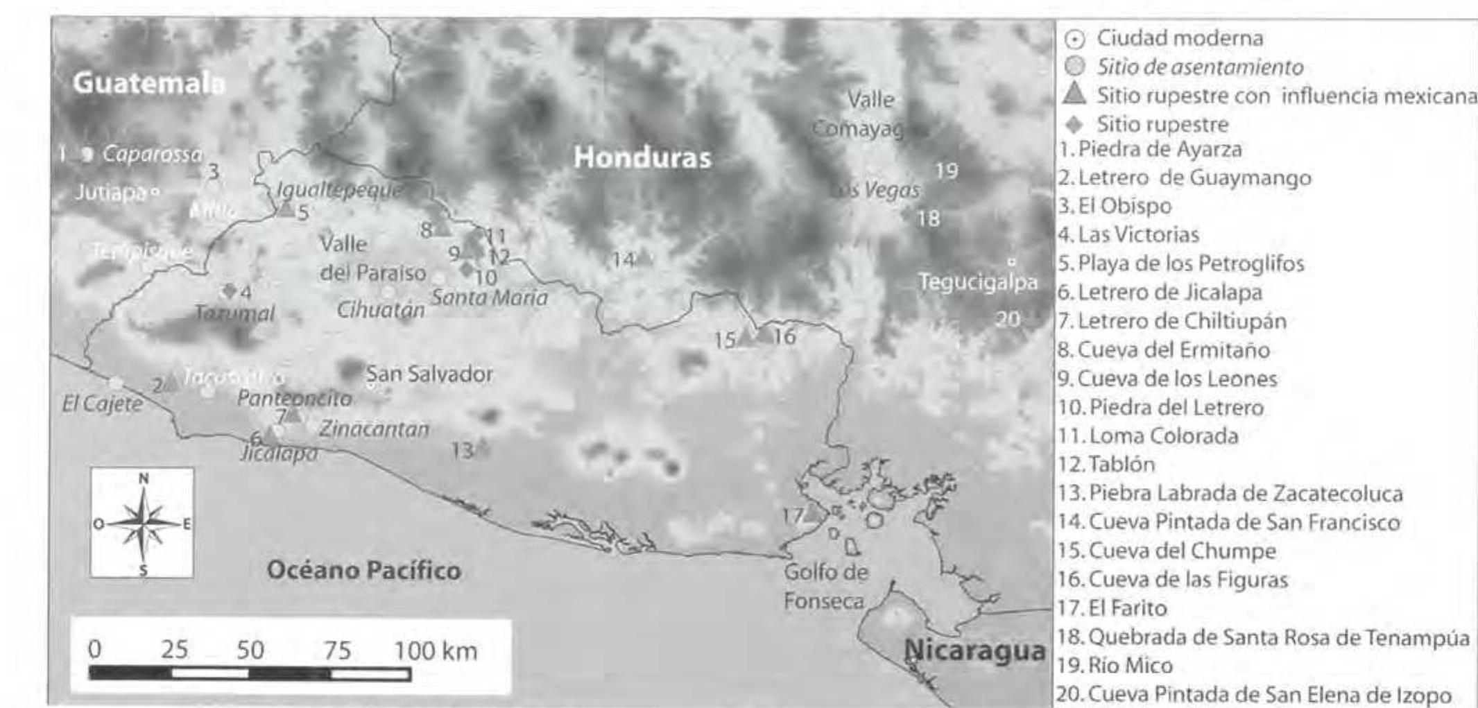 Mapa de los sitios rupestres y de los asentamientos citados