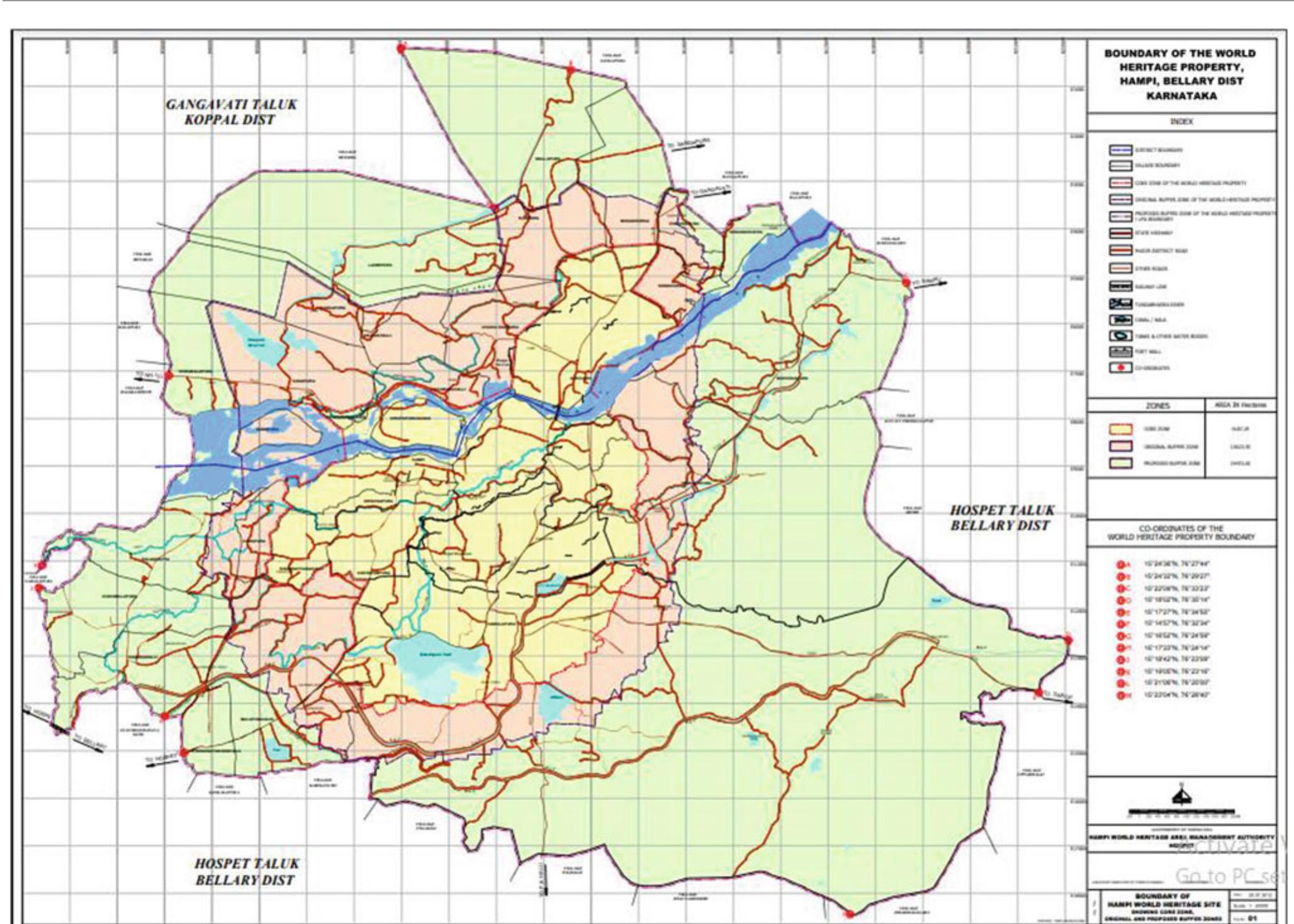 Map showing the core, buffer and peripheral zones of hampi