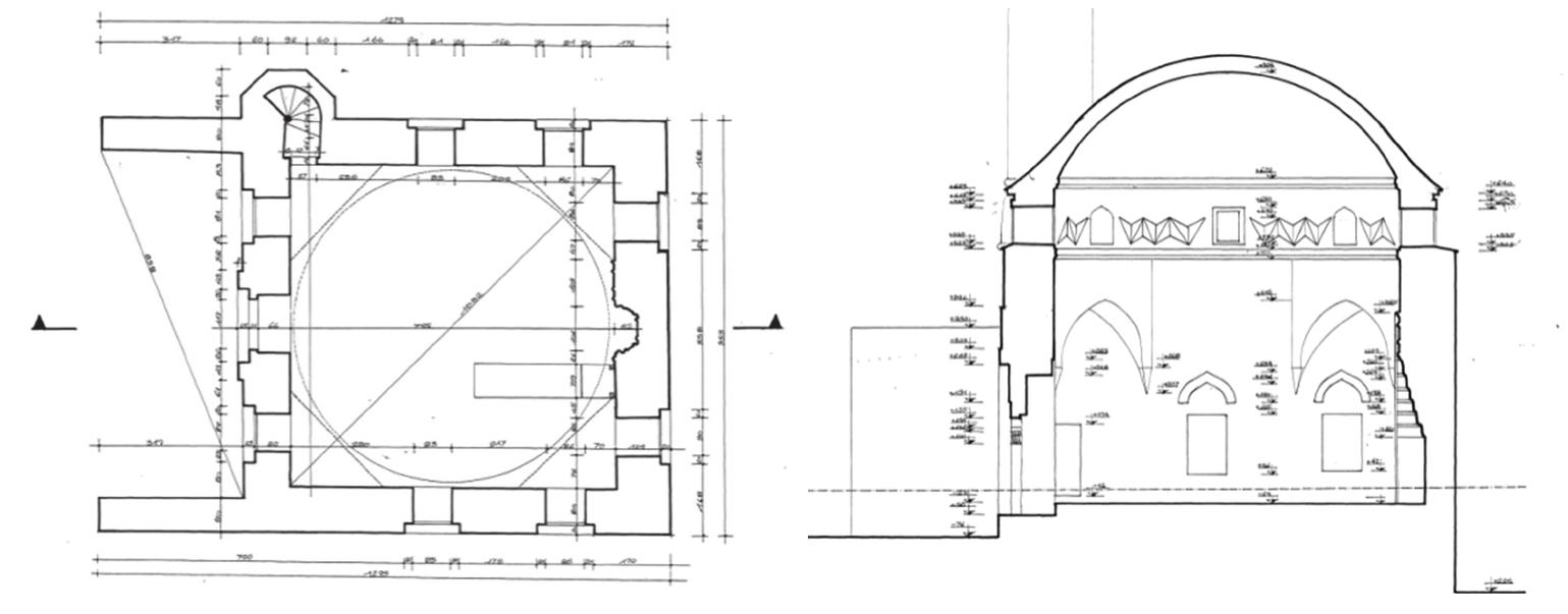 Plan and section drawings of kursunlu mosque. source:
