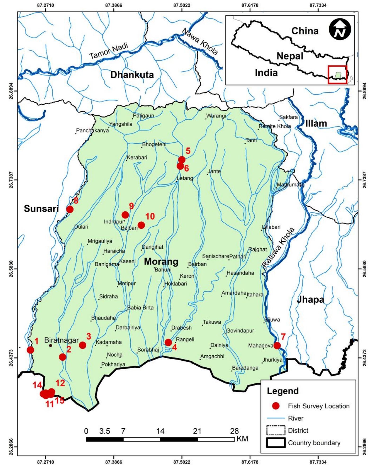 Study area map of morang district showing fish survey