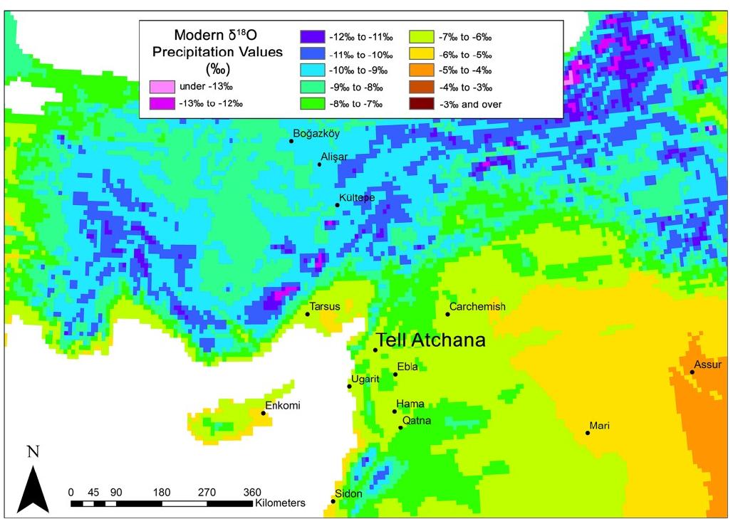 Mean annual 5'°o values for modern precipitation in the