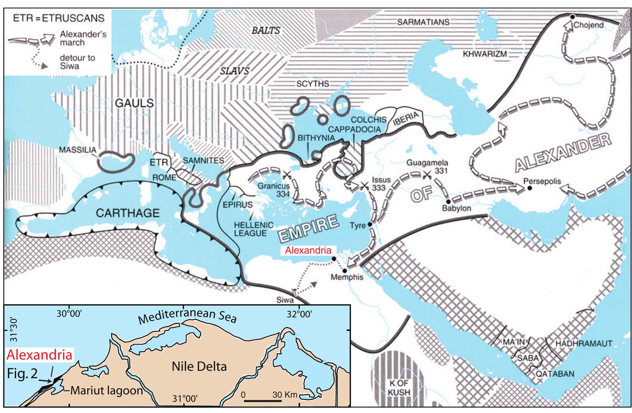 Map showing the geographic extent of alexander the great’s