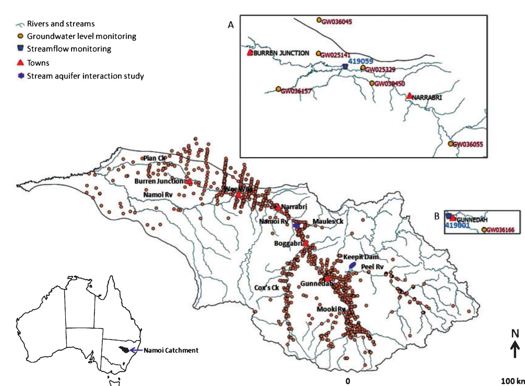 Namoi catchment location and boundary map. note: the aquifer
