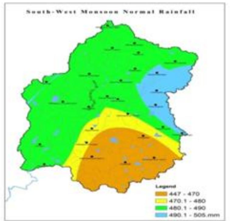 South-west monsoon normal rainfall pattern map of the study