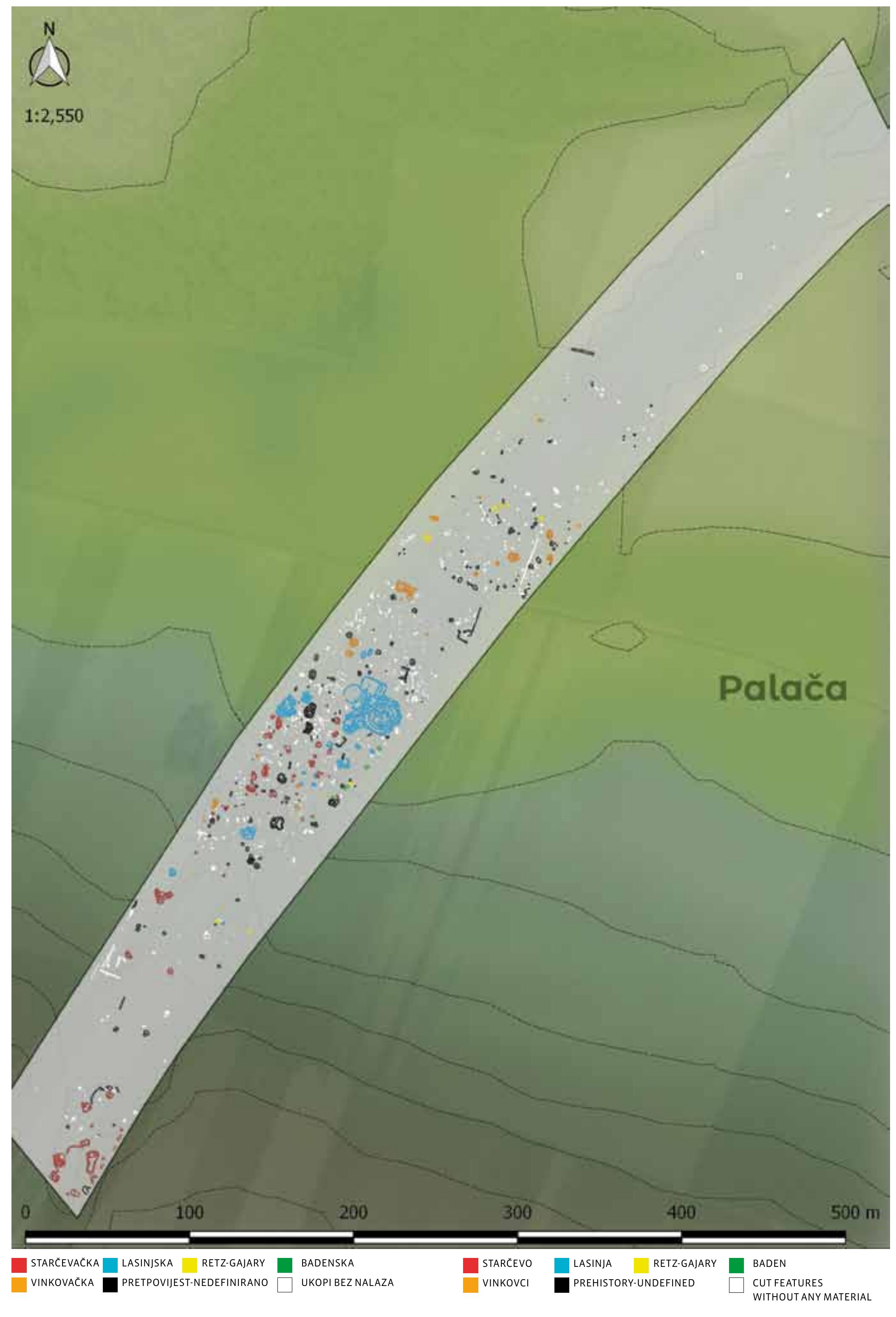Map of archaeological features attributed to prehistoric