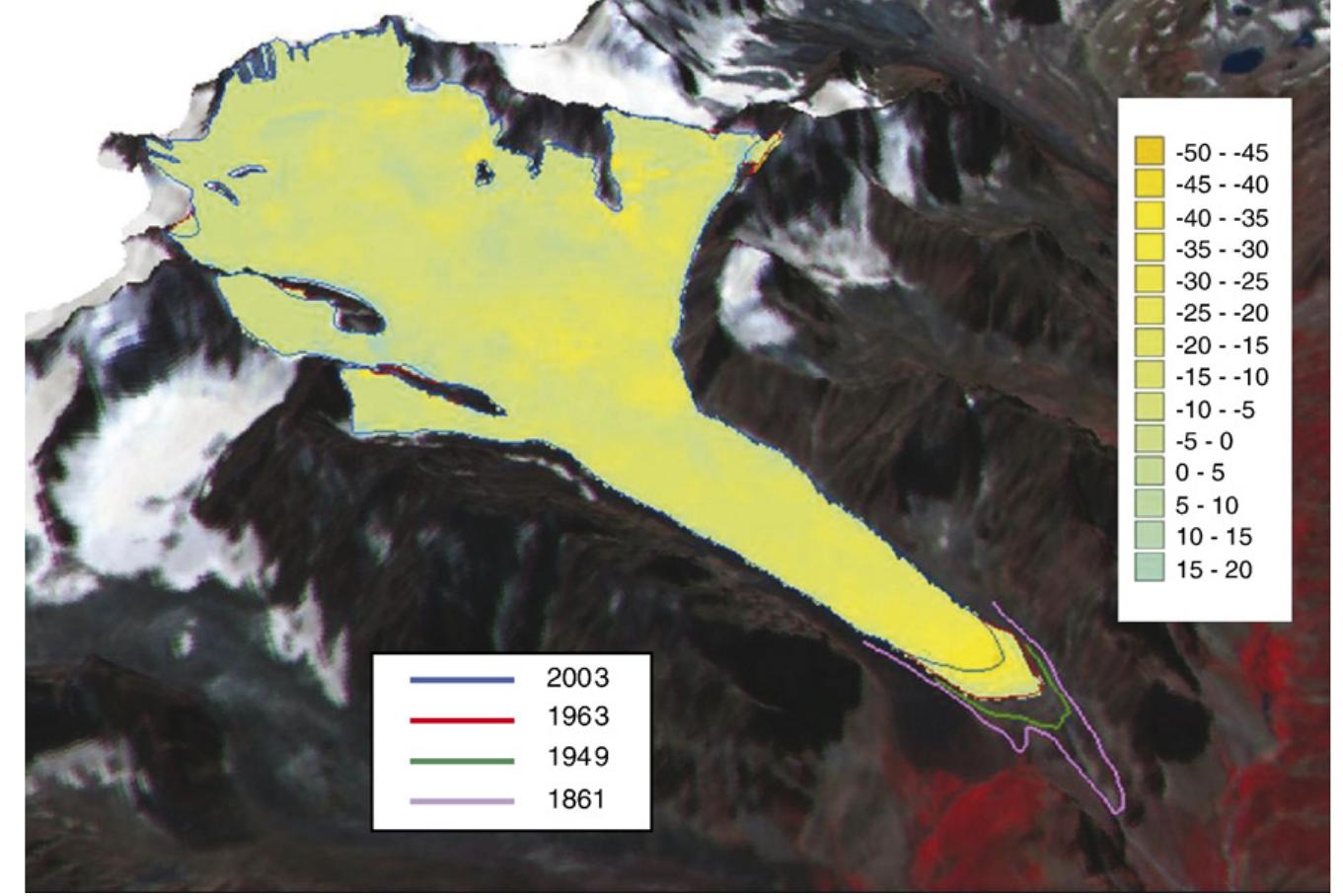 Golubina glacier surface elevation (1963-2000) and terminus