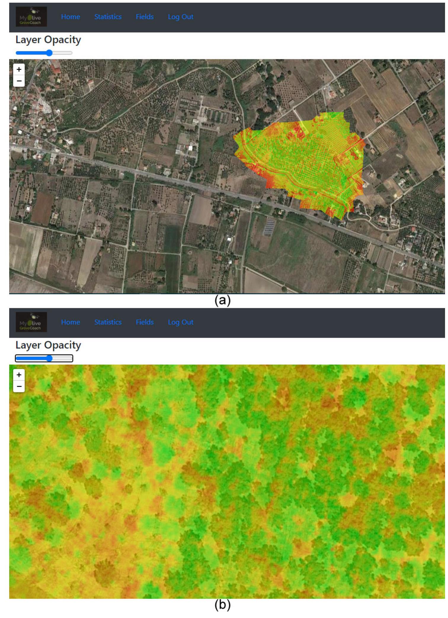 The myogc-gui interactive map where (a) the orthomosaic is