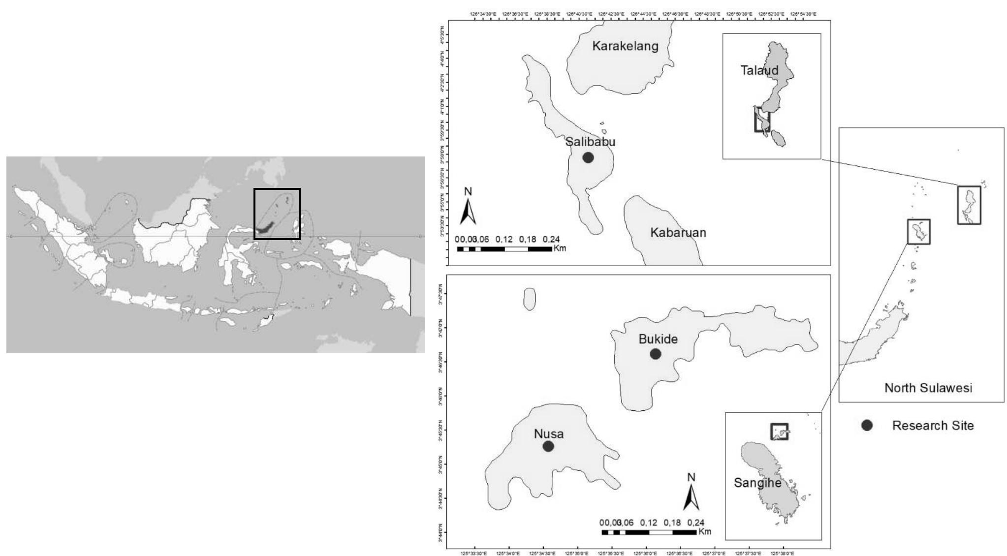 Map of talaud bear cuscus (ailurops melanotis) survey areas