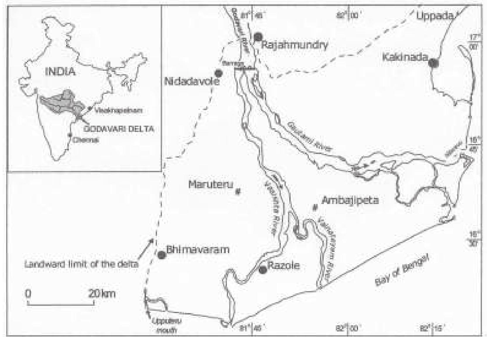 Map showing the subaerial extent of the holocene godavari