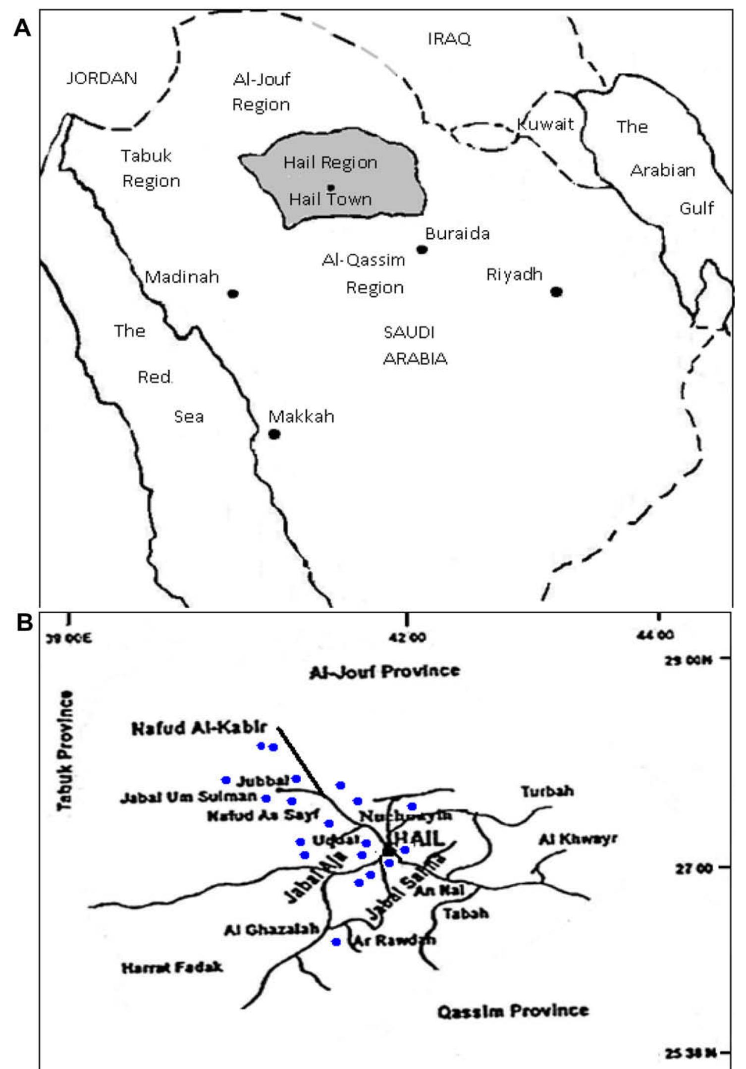 Map of saudi arabia showing hail region (a) and the sampled