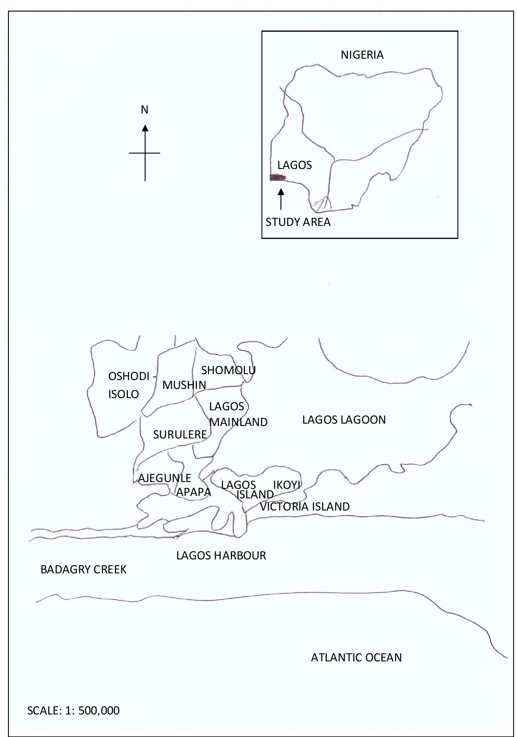 Map of lagos showing the lagos coast. inset: map of nigeria