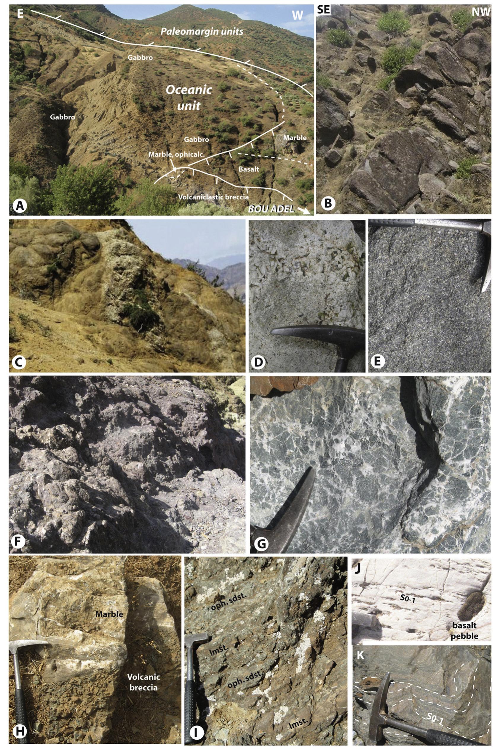 Bou adel unit outcrops and typical rock facies. (a) view of