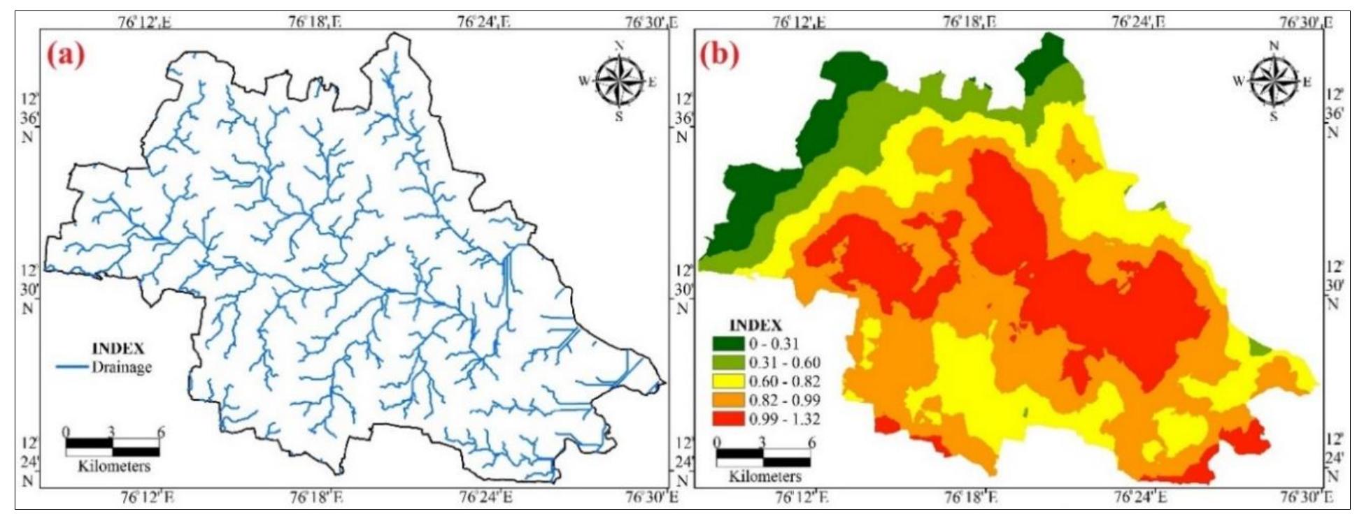 (a) drainage map and (b) drainage density map of k.r nagara