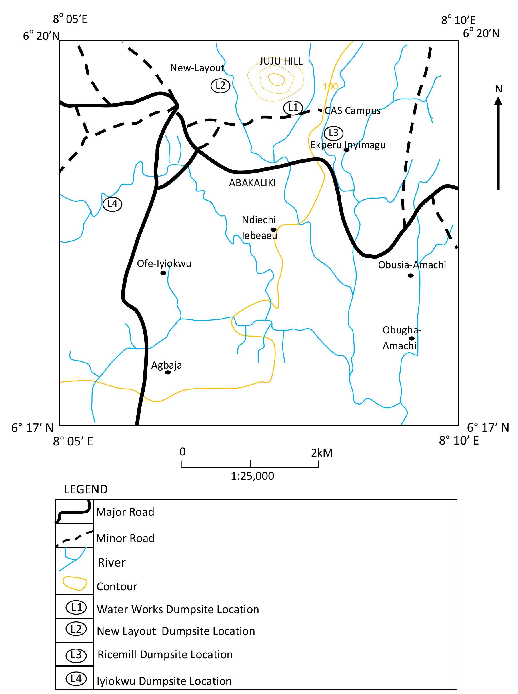 Topographic map of the study area with study points