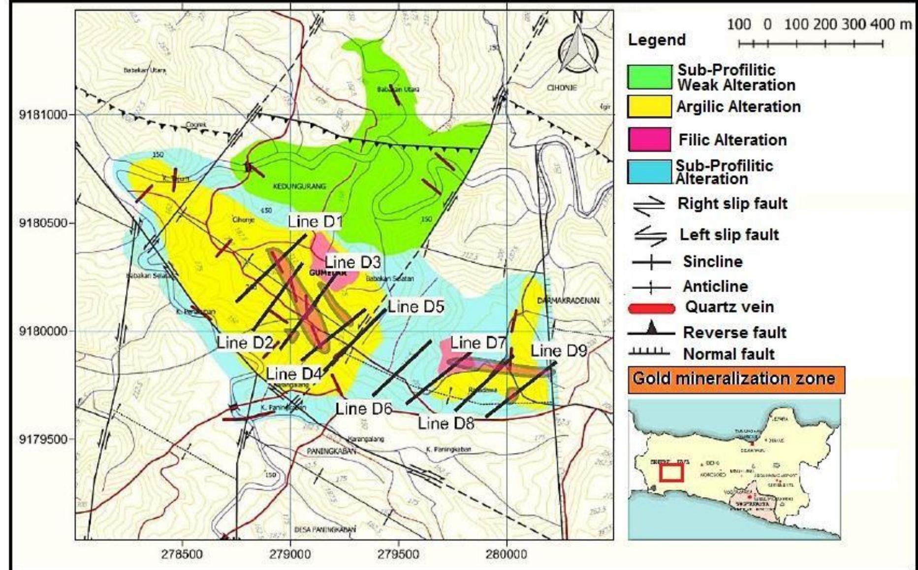 Map of distribution of gold mineralization zones, cihonje
