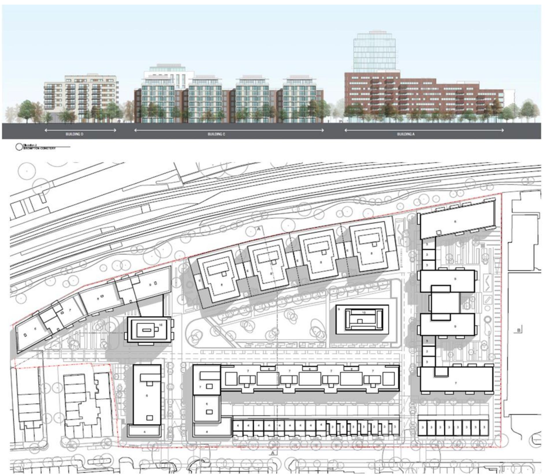 - seagrave development: east elevation (above) and site plan