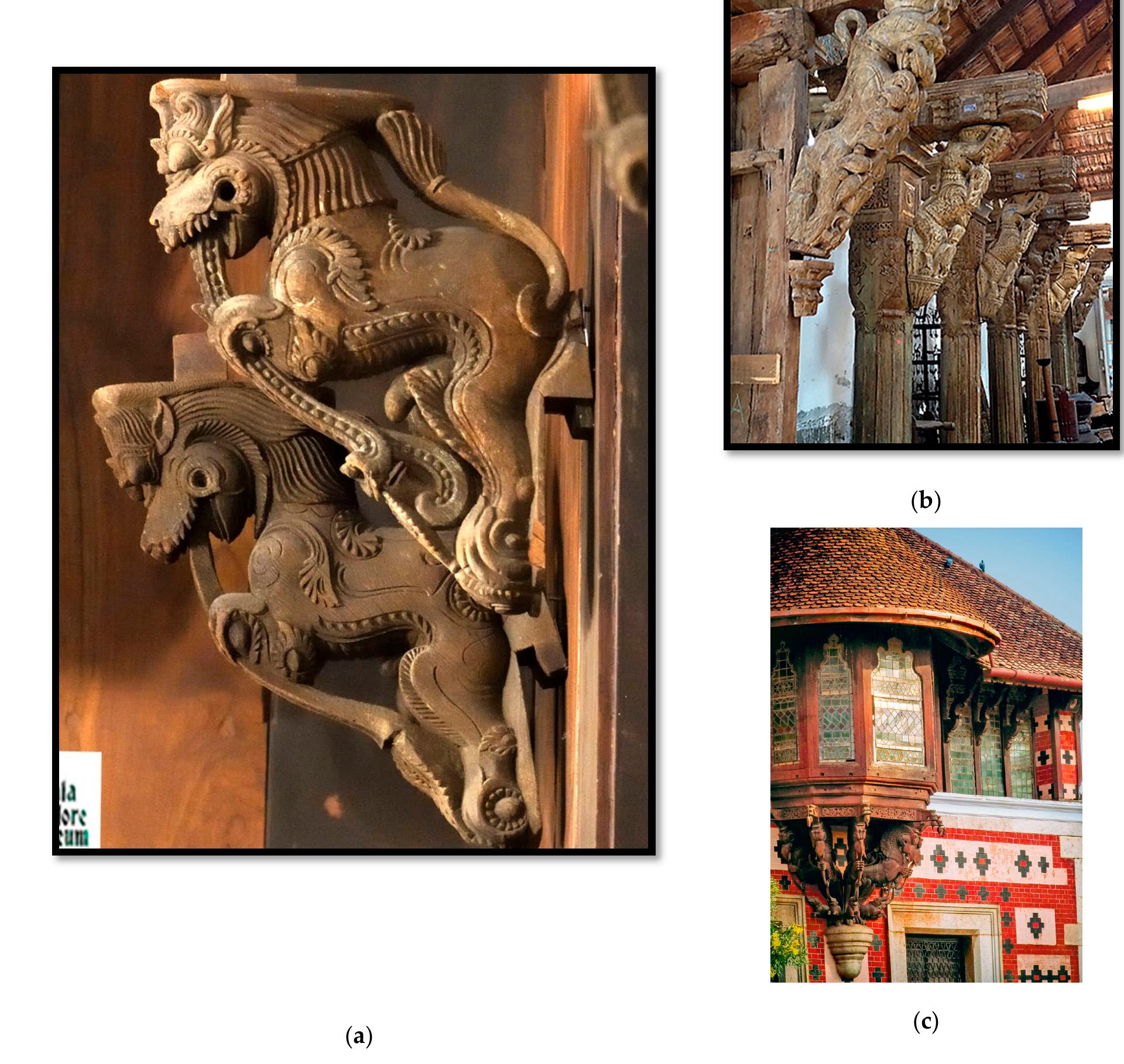 Wooden vyali corbels from hindu temples in kerala and detail