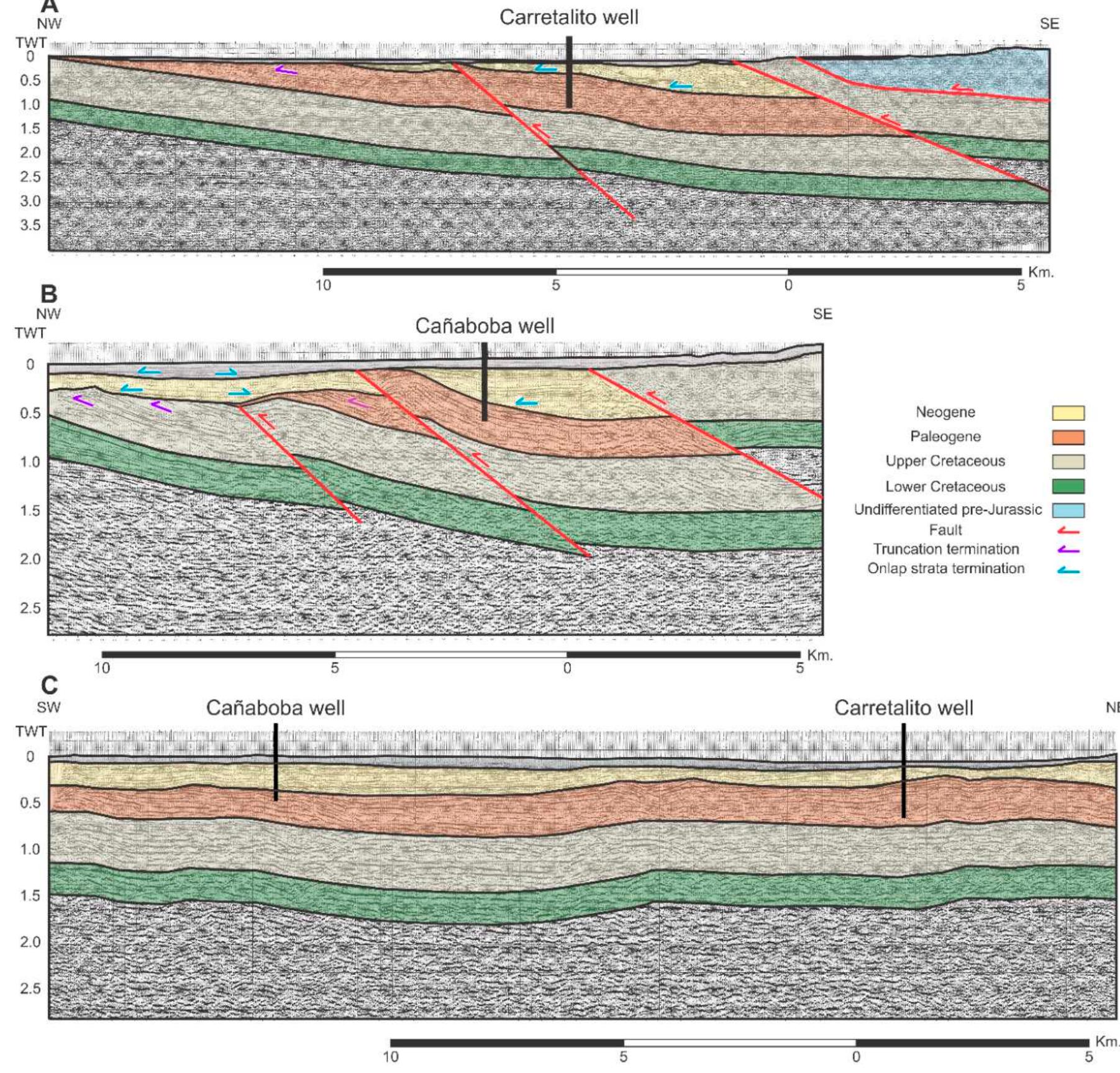 Interpreted 2d seismic lines in two-way time (twt) with