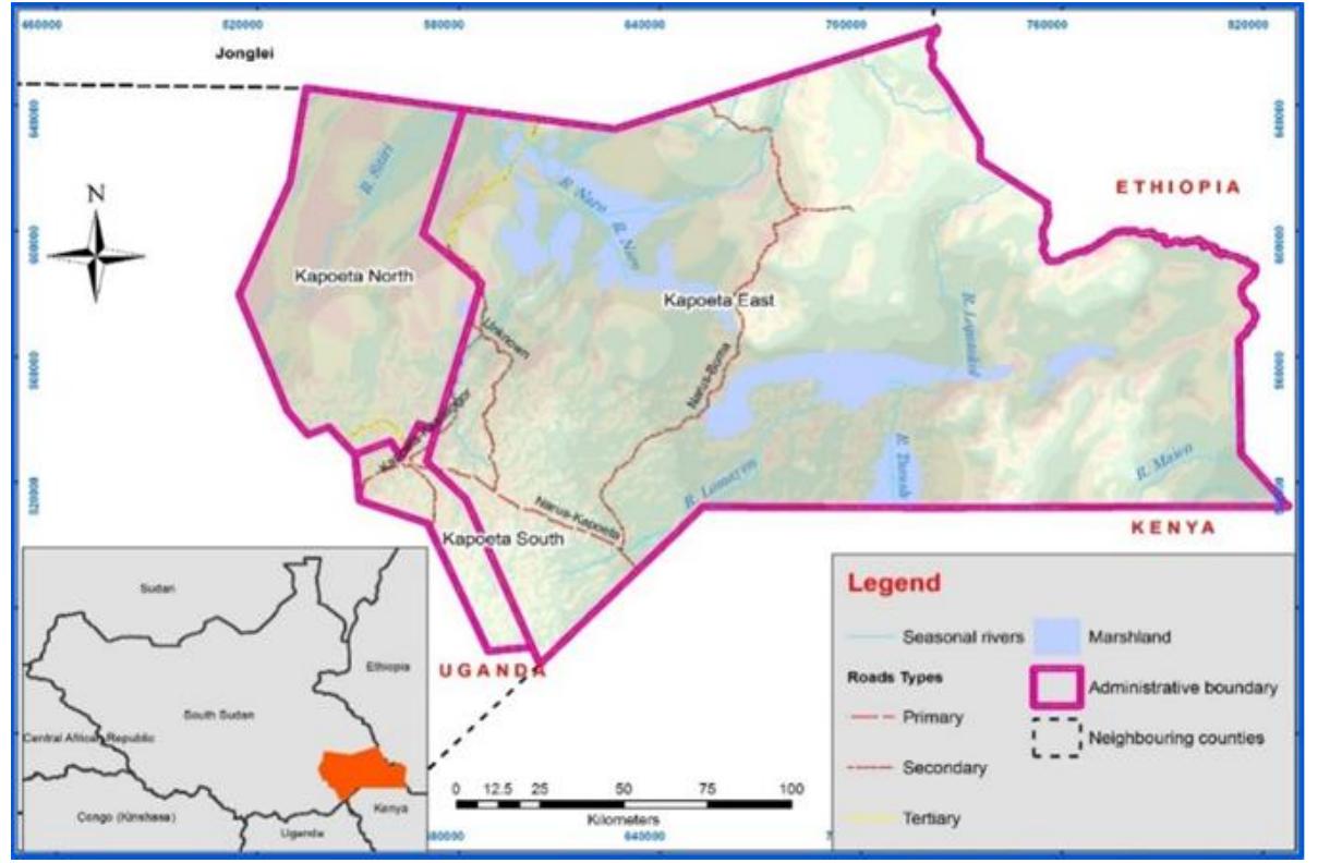Map showing the three counties of kapoeta region
