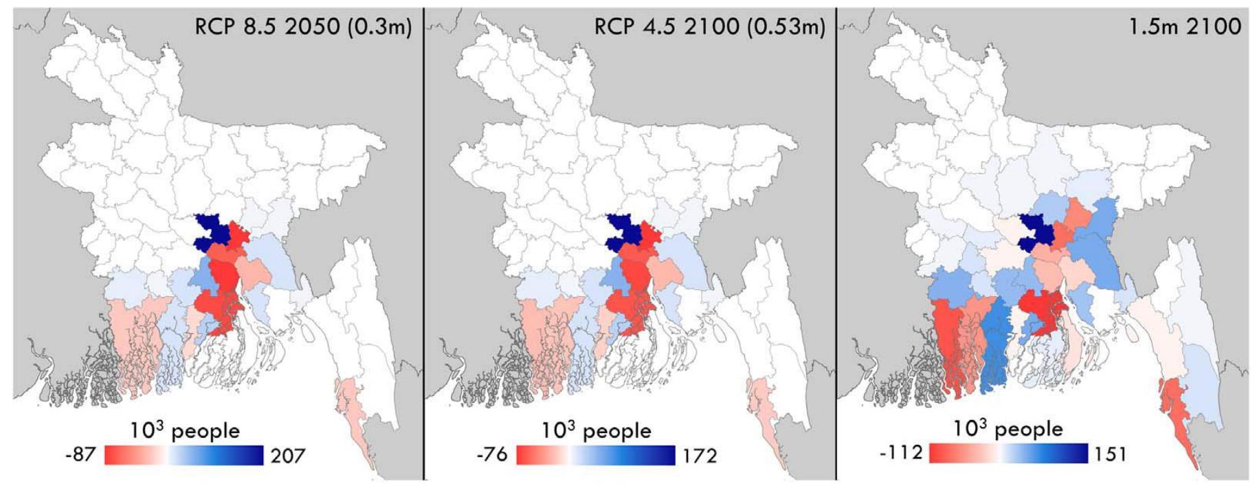 Net migration under sea level rise. maps show the difference