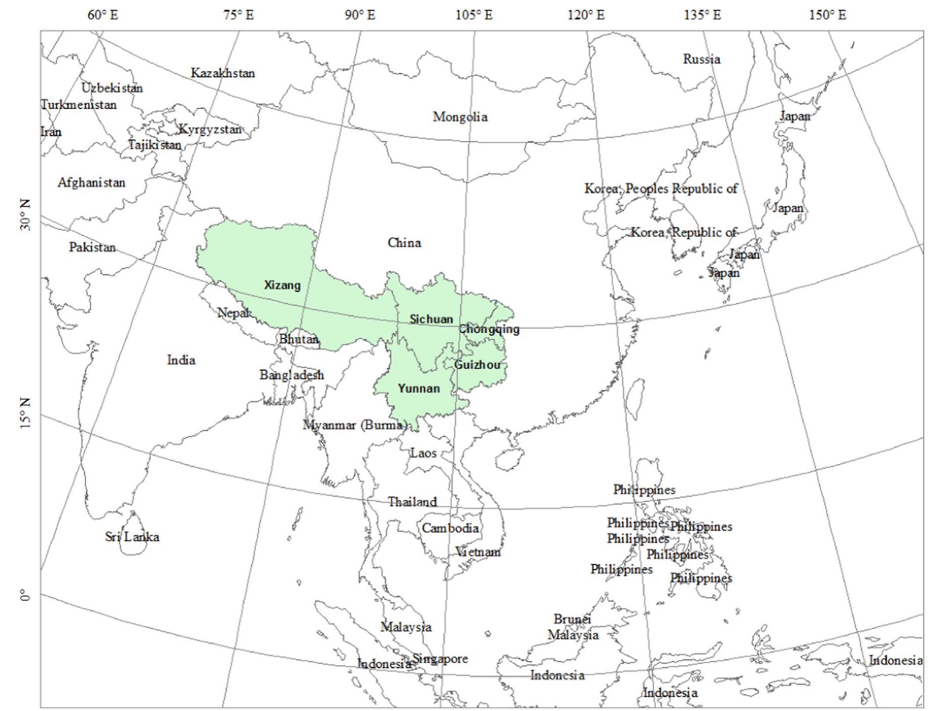 Map of southwest china (marked patch). source: (diva-gis).