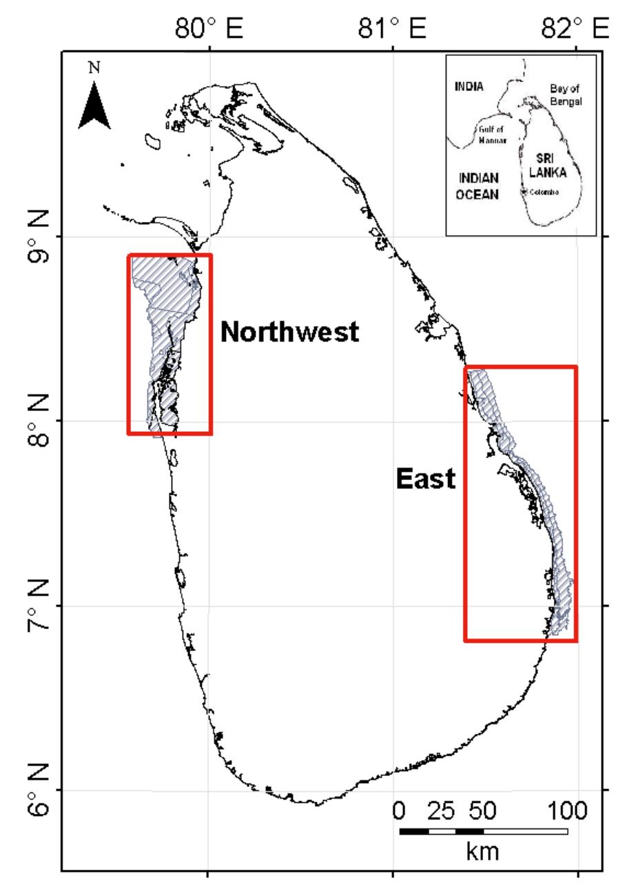 Map of sri lanka, showing two sea cucumber survey areas off