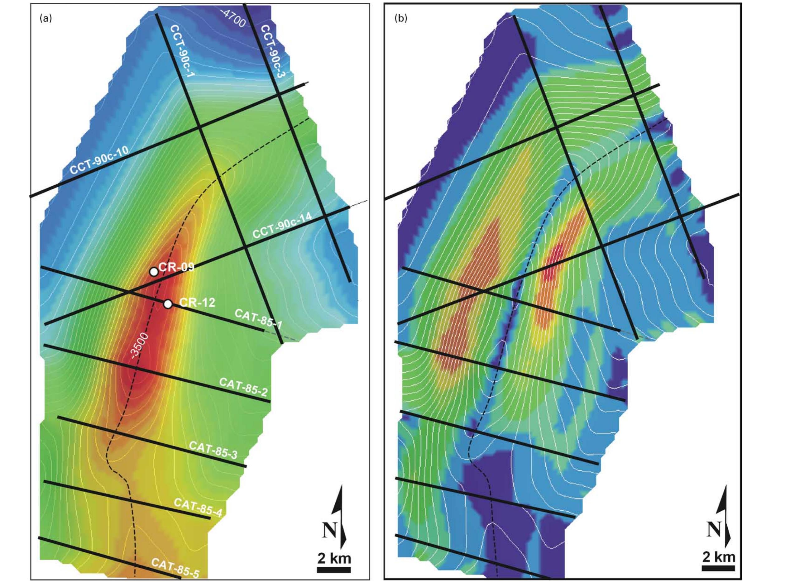 Top colon shale (a) sub-sea depth structure and (b) dip