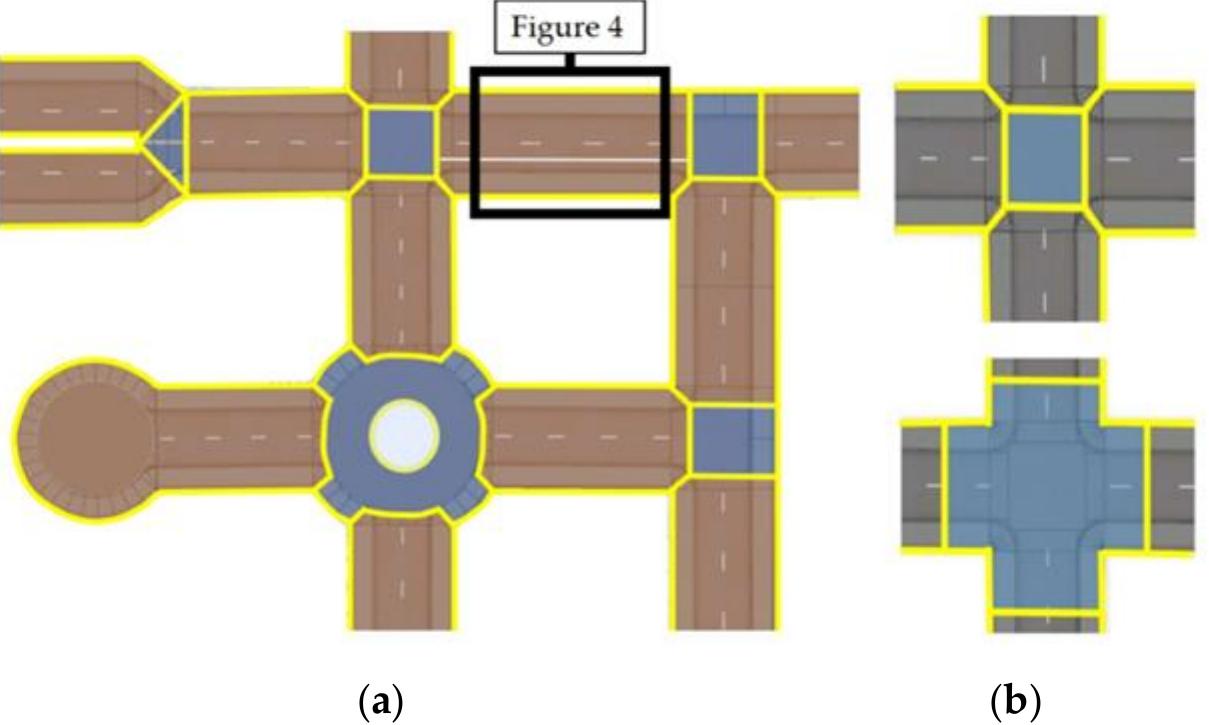 (a) street network segmentation into sections (orange) and