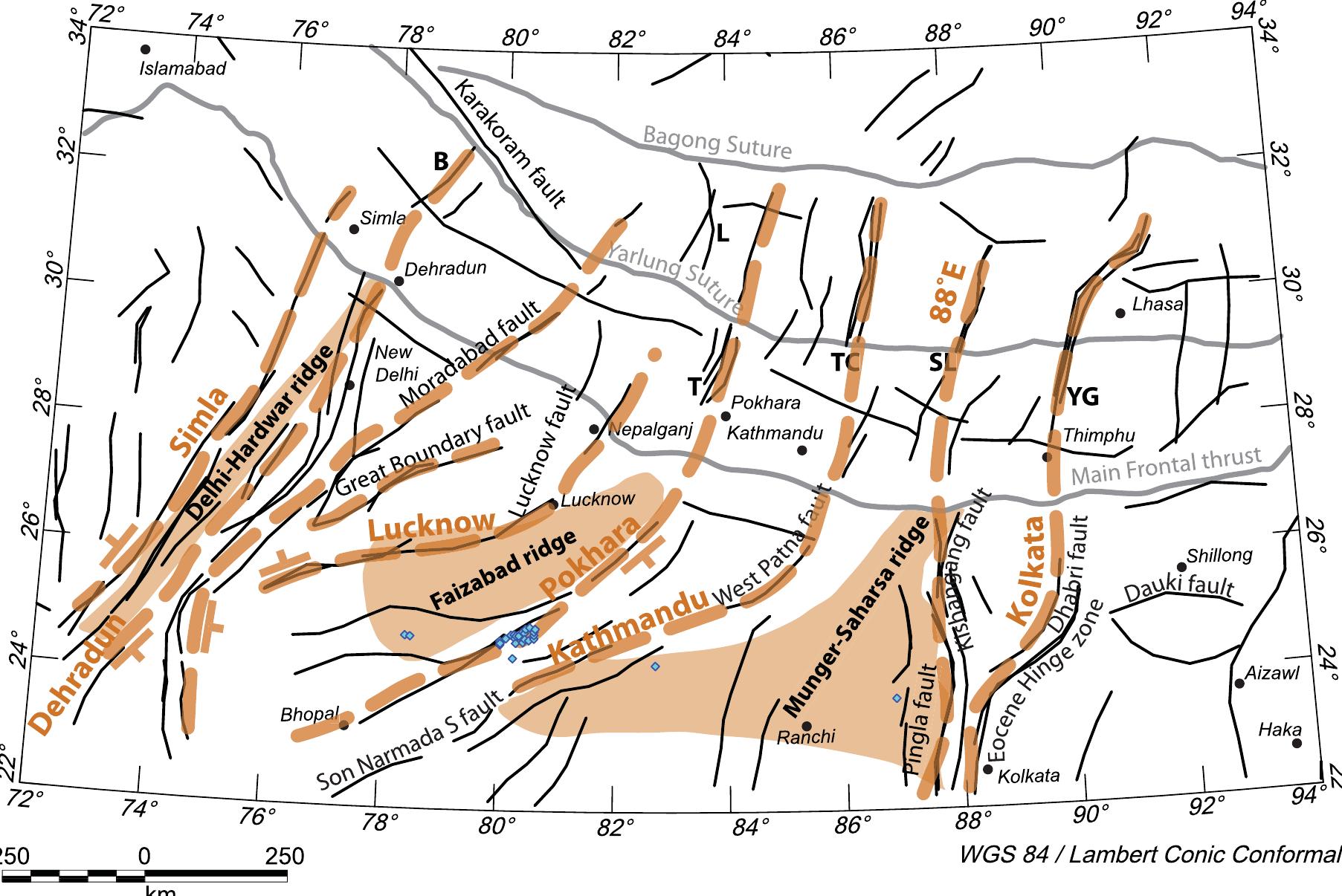 Map showing location of the three indian basement ridges,