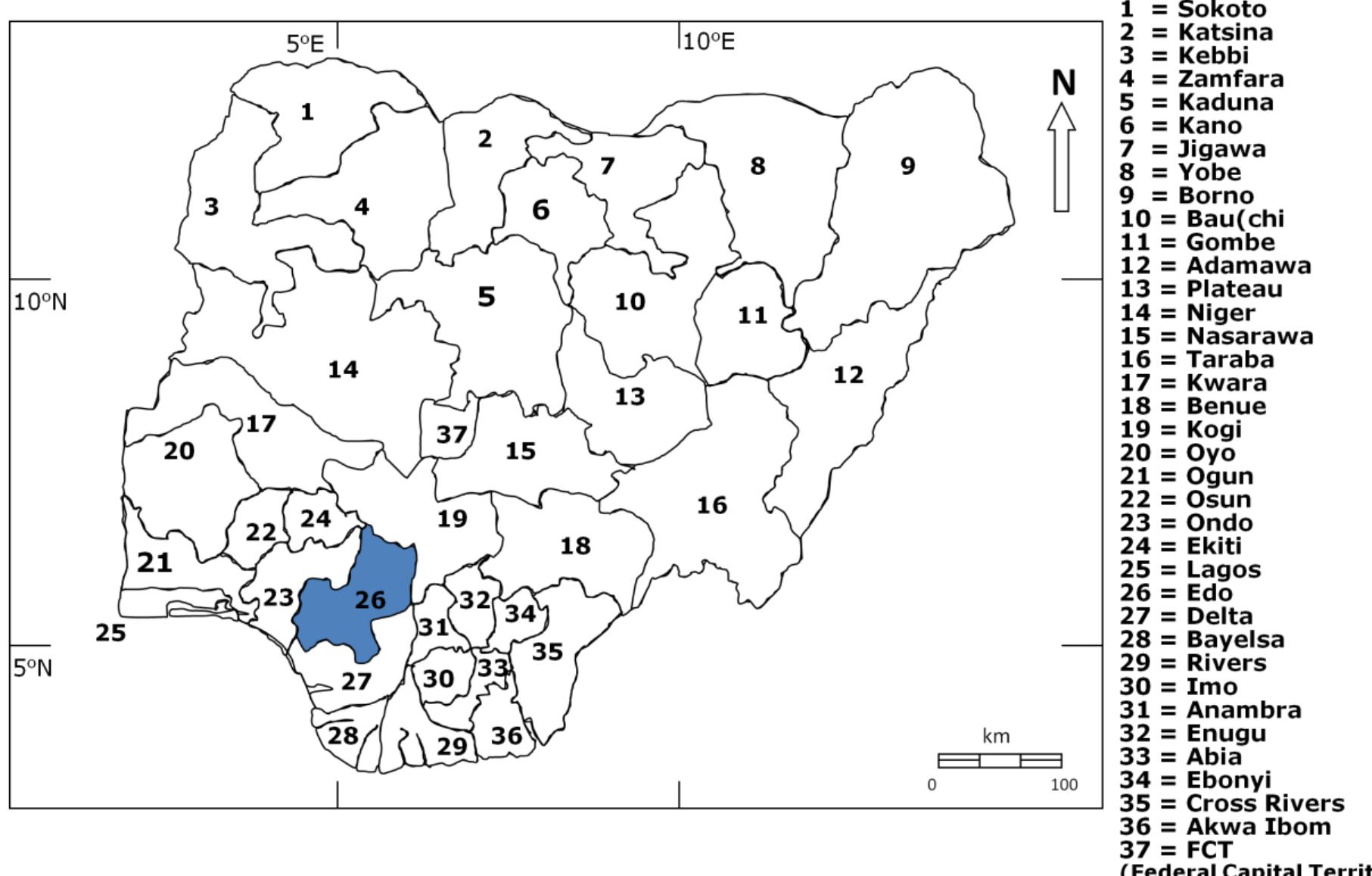 A political map of nigeria showing 36 states and the federal