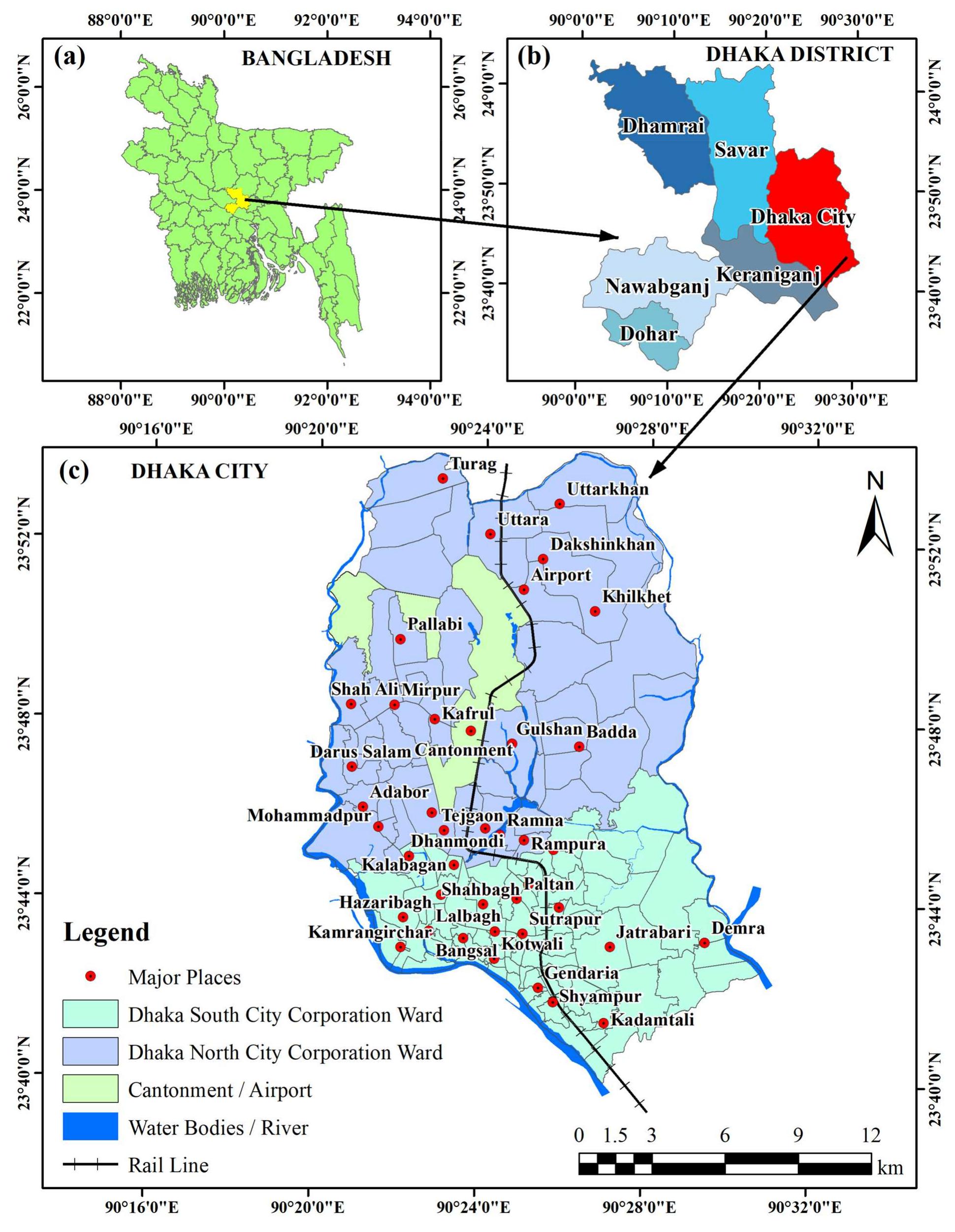 Location of a dhaka district in bangladesh, b dhaka city in