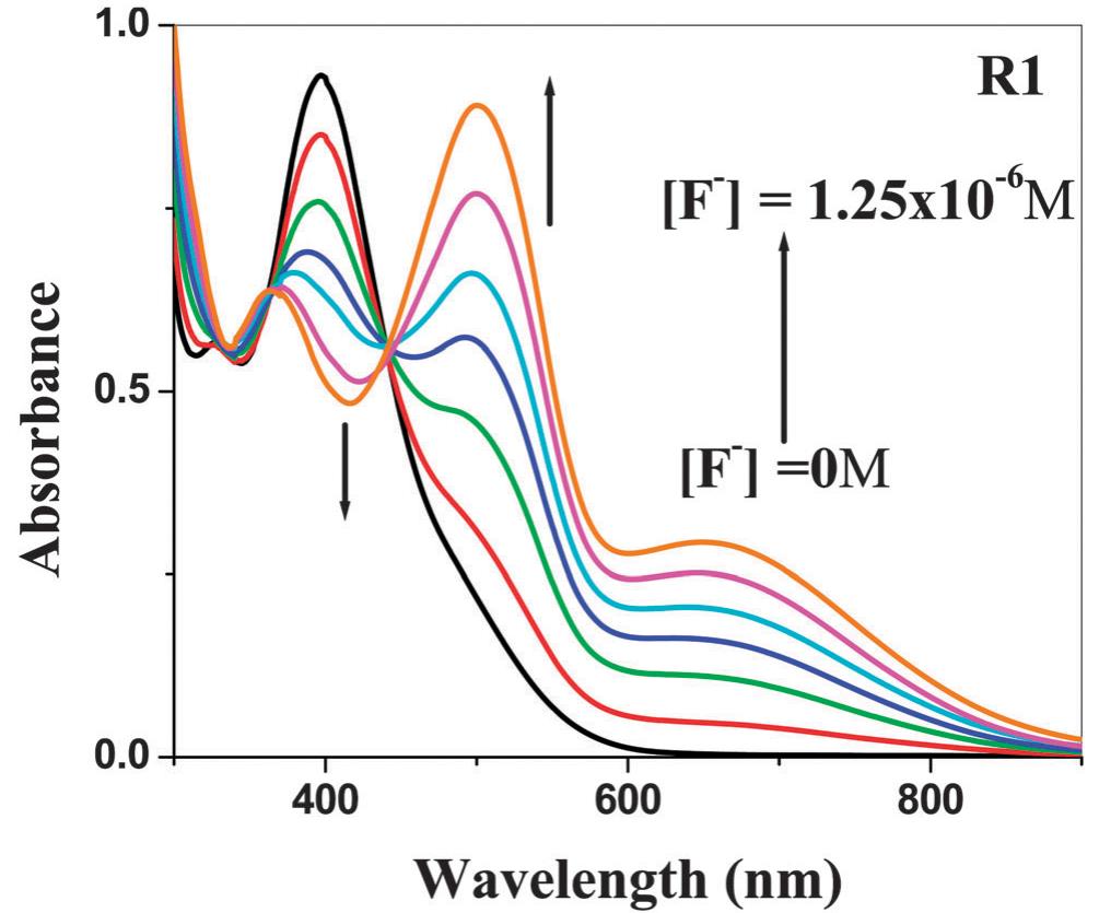 Change in uv-vis spectra of r14 (6.25 x 107° m) in dmf with