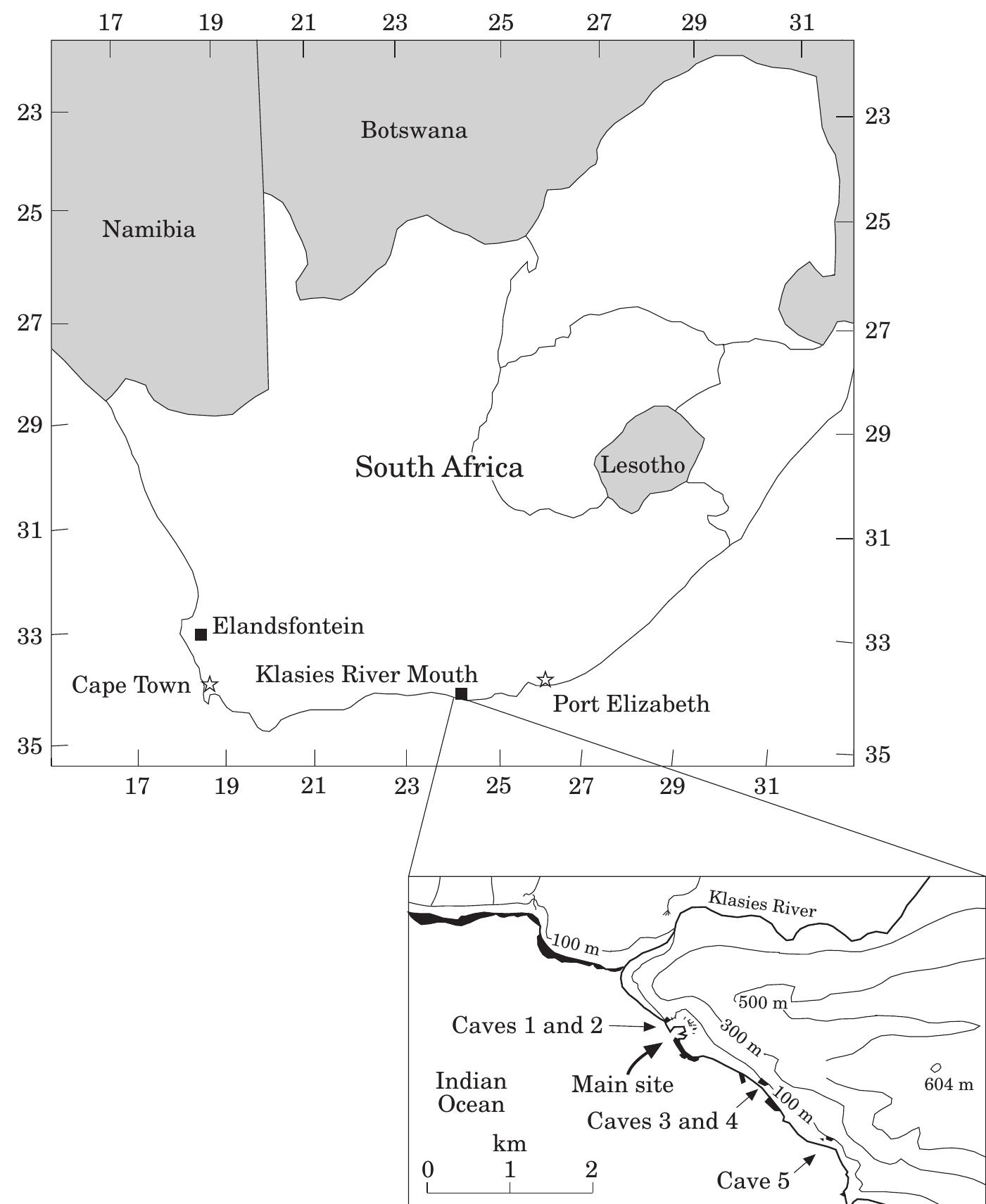 Map of southern africa showing the approximate locations of