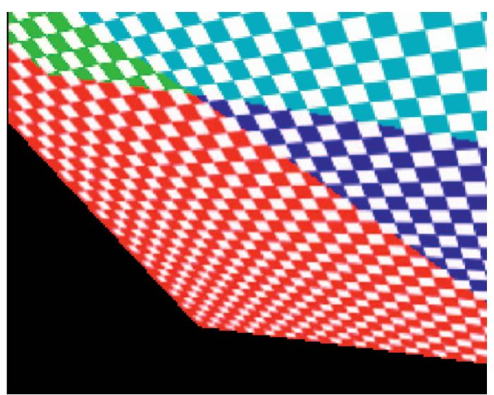 Four regions of a texture mapped checkerboard plane
