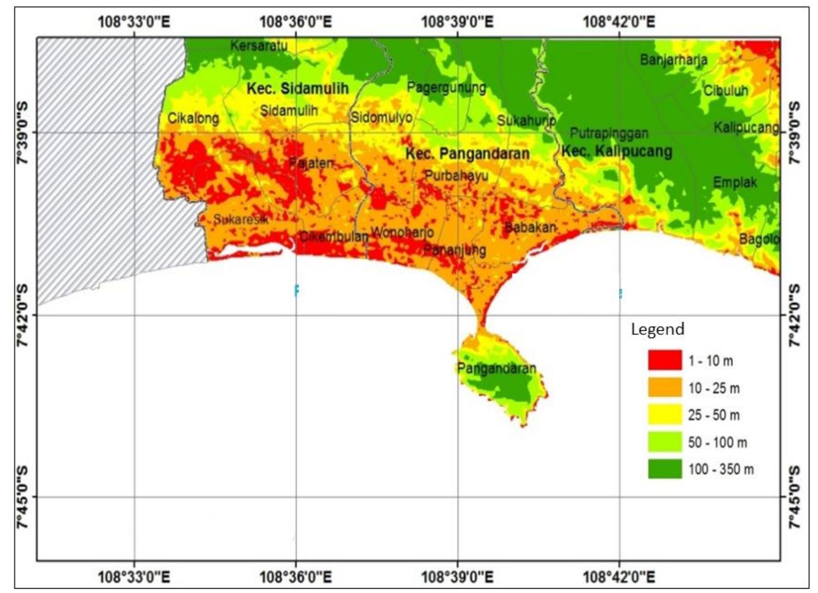 Land elevation map of pangandaran coastal region.
