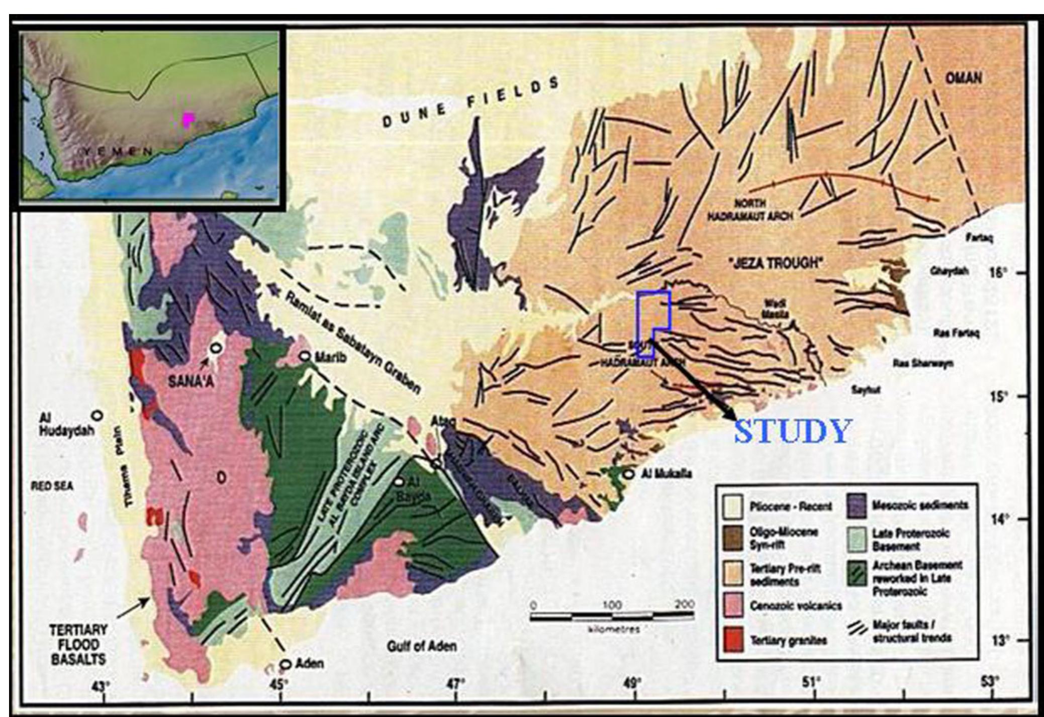 A simplified geological map of yemen, showing the location