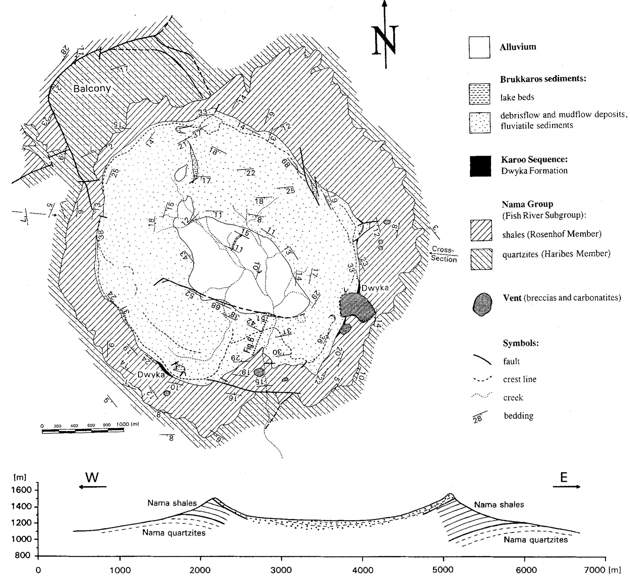 Geological plan and cross-section of gross brukkaros (mapped