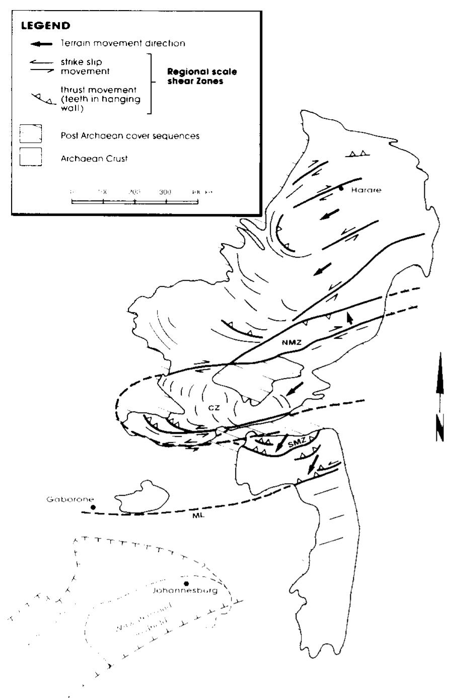 Map of zone boundaries and fabric trends in the archaean of