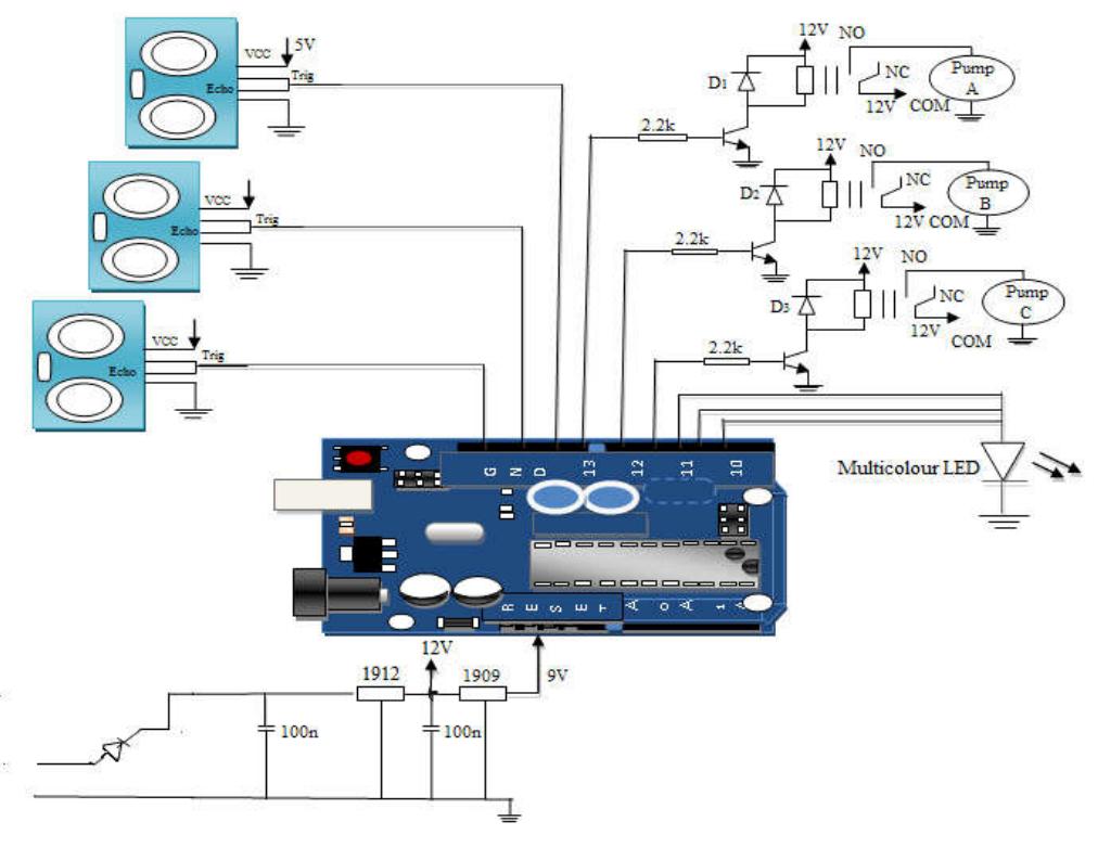 The complete circuit of an automatic hand washing dispenser