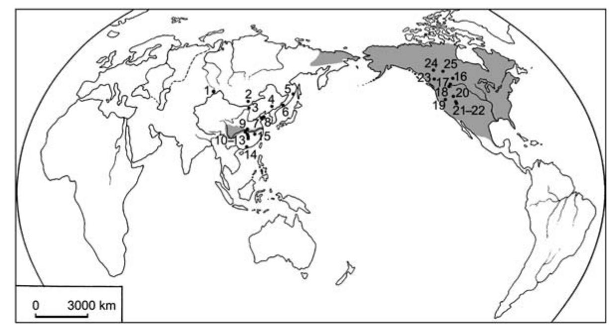 Map of distribution of living catostomids (shaded area) and