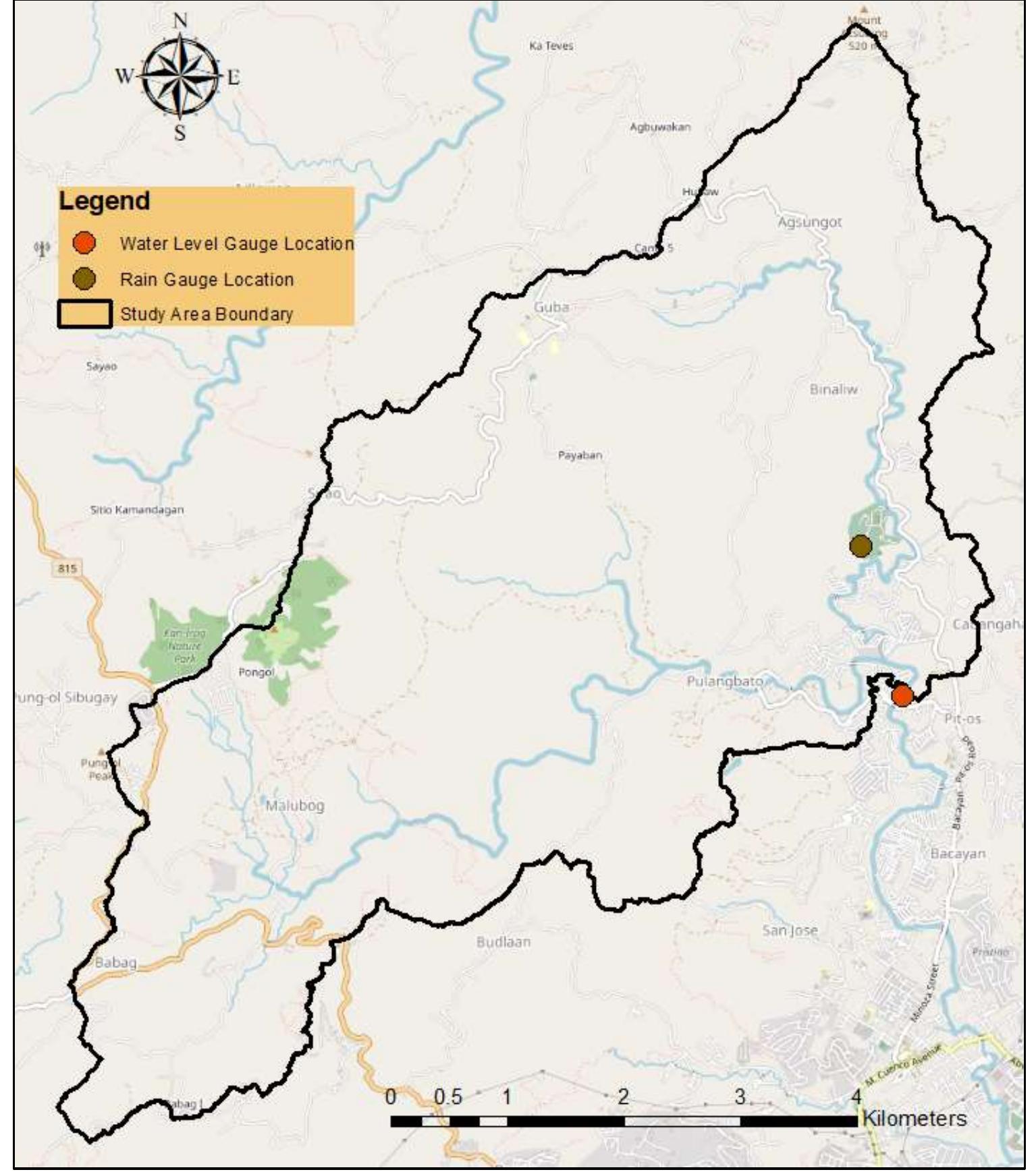 Location of the hobo water level logger and rain gauge with