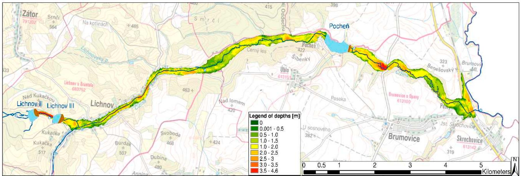 Map of the maximum water depths on the map base, depth in