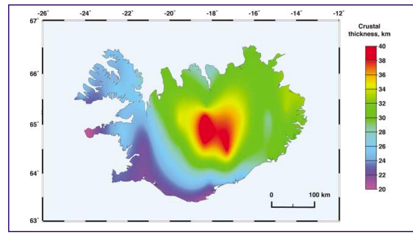 3: map showing crustal thickness across iceland. (from