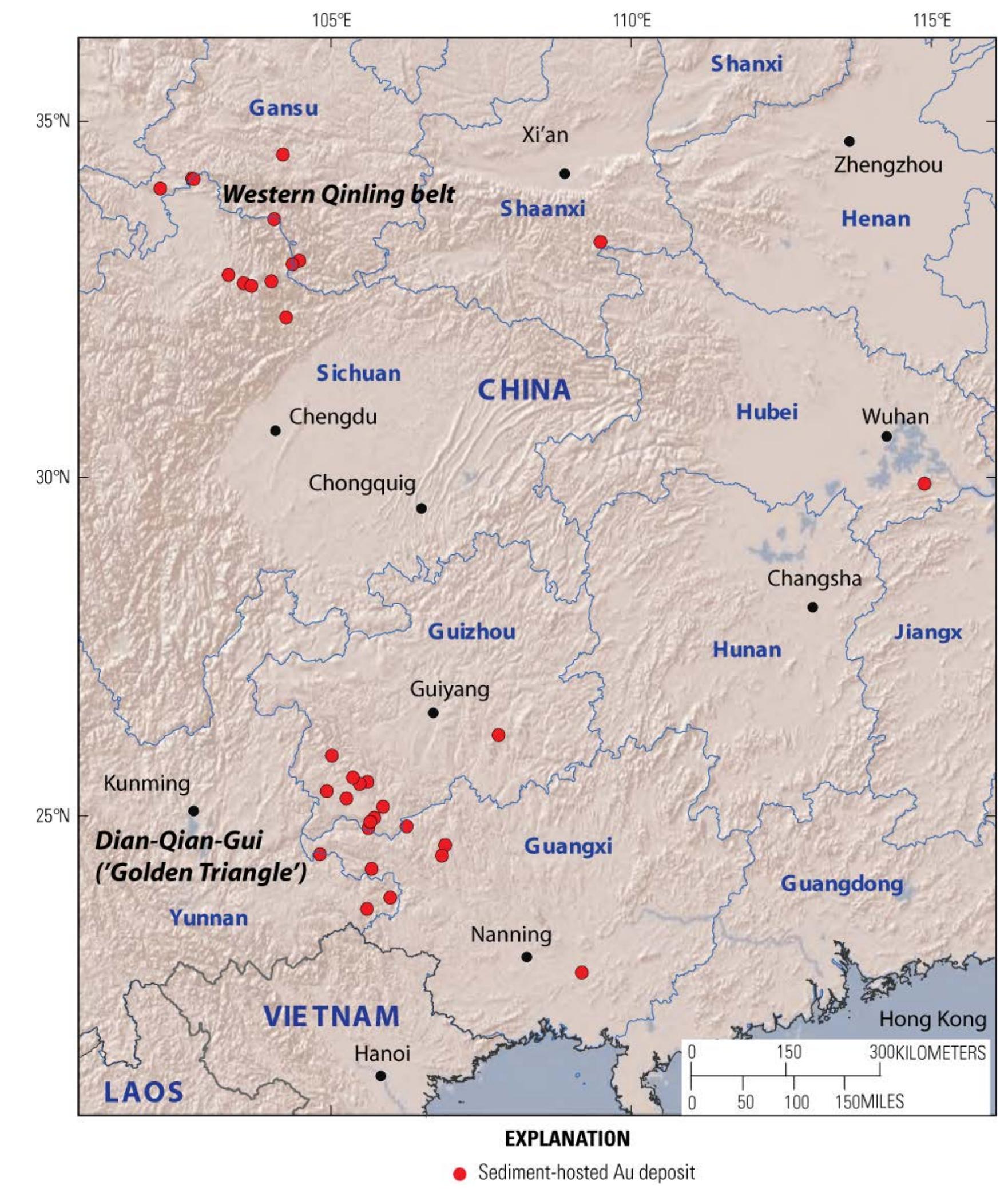 | map showing location of sediment-hosted gold deposits in