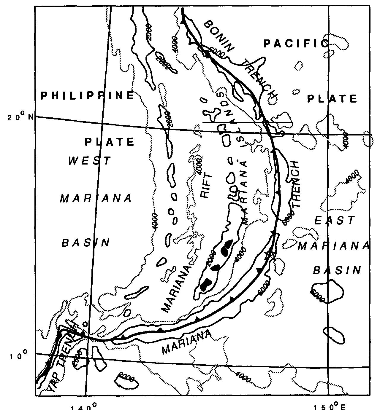 Bathymetric map of the mariana subduction zone. star,