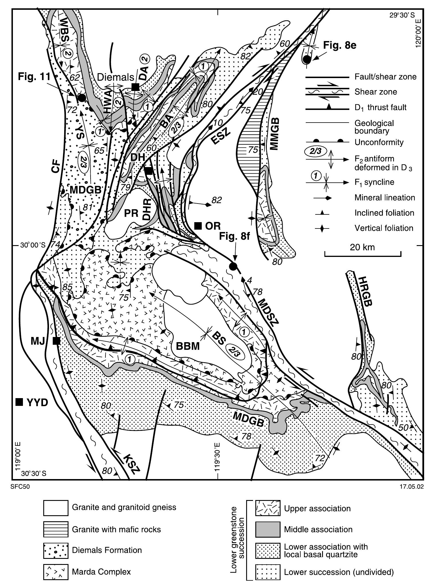 Simplified geological map of the marda—diemals greenstone