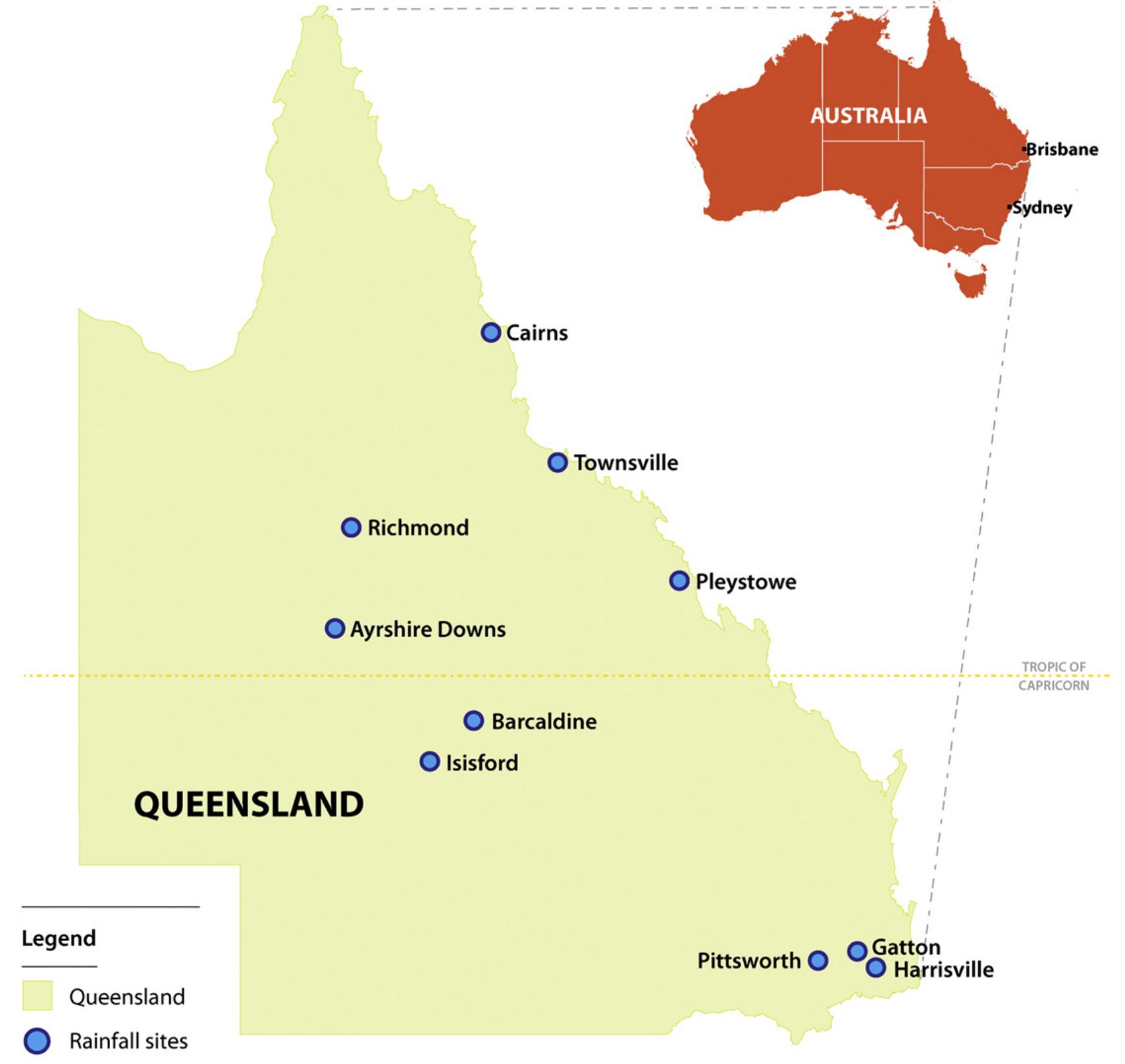 Map of queensland with high-quality rainfall sites.