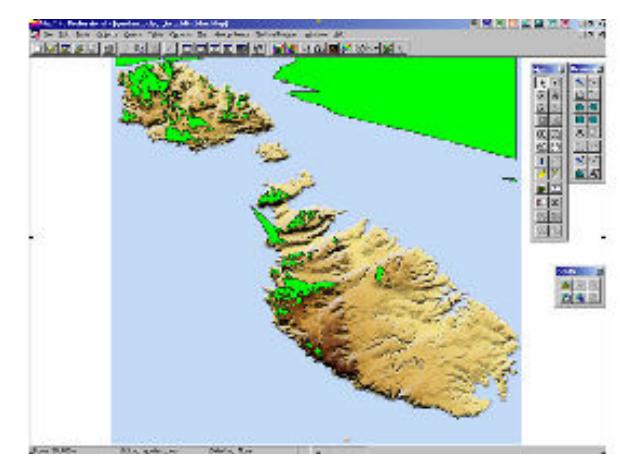 Typical viewshed analysis overlay over terrain relief map.
