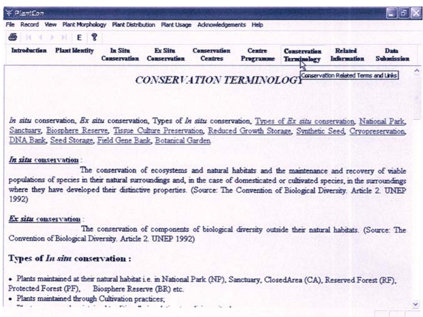 A screenshot of ‘conservation terminology’ view of the