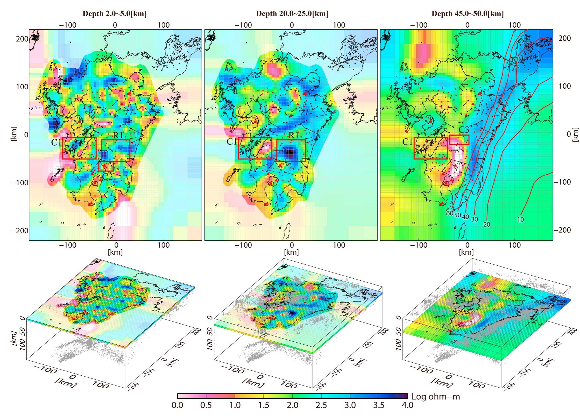 Horizontal cross sections of the final 3-d resistivity model